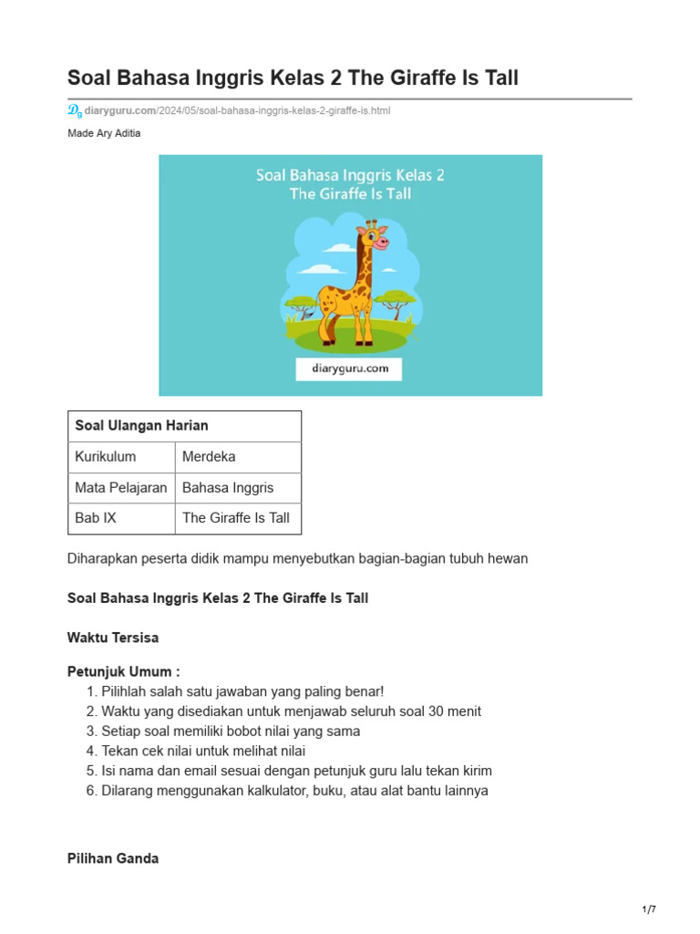 Soal Bahasa Inggris Kelas 2 The Giraffe Is Tall | PDF