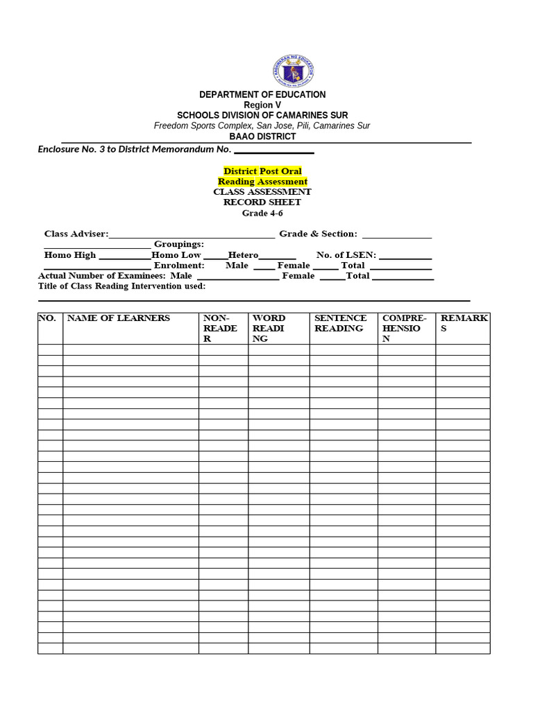Reading Assessment Form | PDF