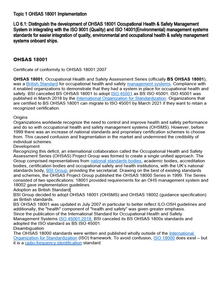 Topic 1 OHSAS 18001 Implementation | PDF | Occupational Safety And ...