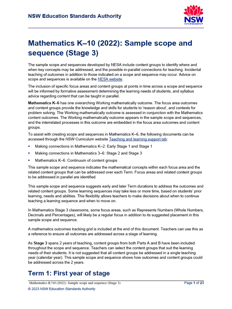 Mathematics K 10 2022 Sample Scope and Sequence Stage 3 | PDF | Area ...