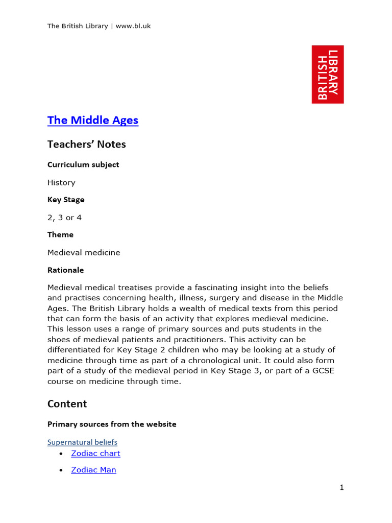 Middle Ages-Medieval Medicine-Teachers Notes | PDF | Medicine | Physician
