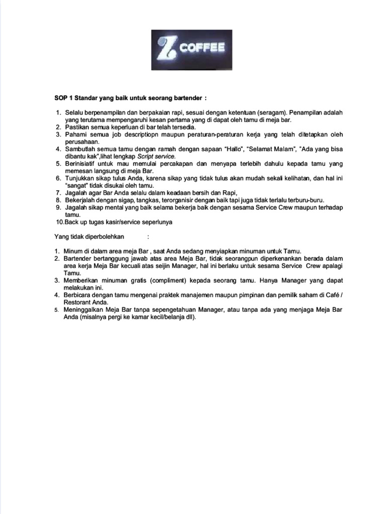 SOP Bartender dan Coffee Shop | PDF