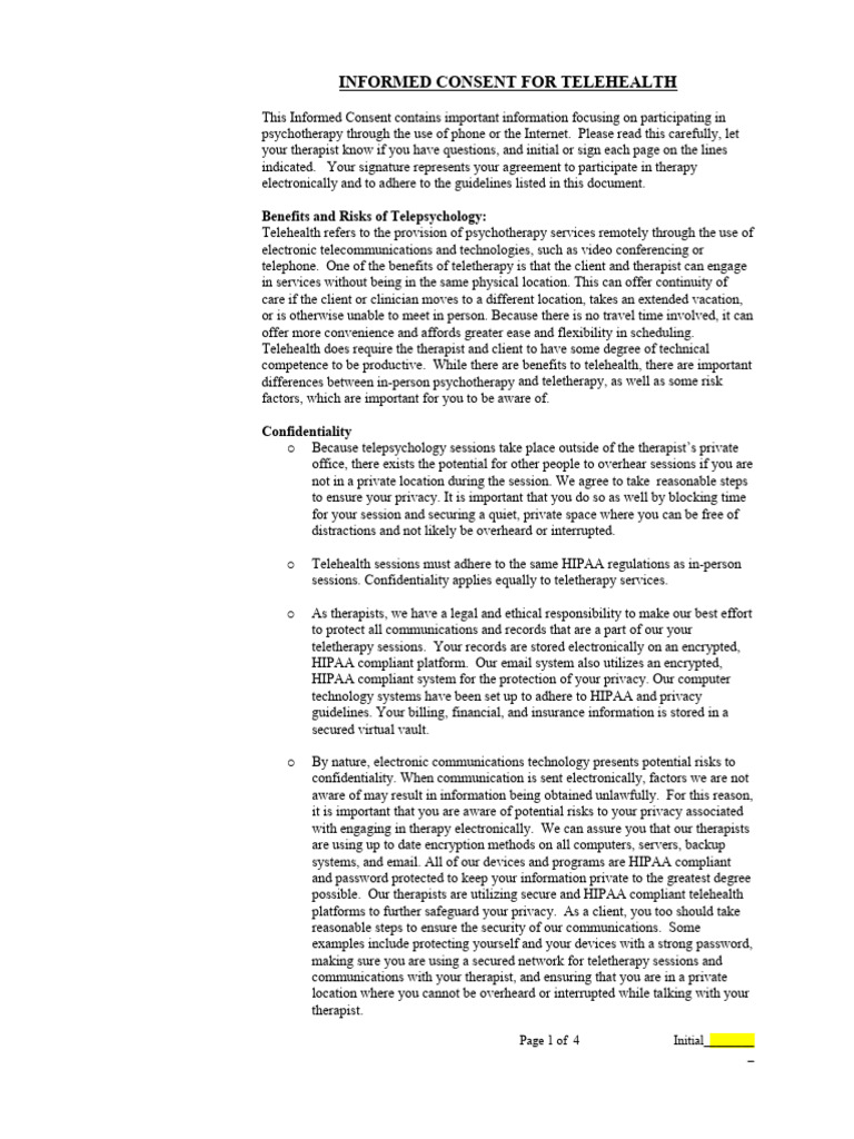 Telehealth Authorization Form | PDF | Psychotherapy | Privacy