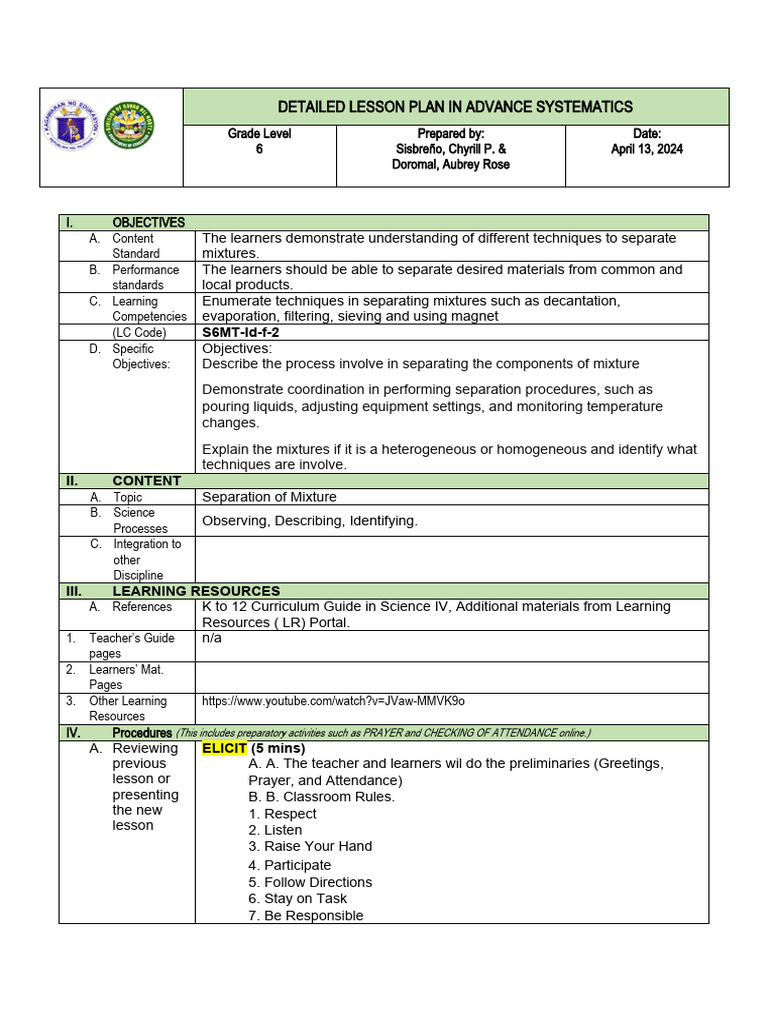 Grade 6 Lesson Plan: Separating Mixtures | PDF | Mixture | Ecology
