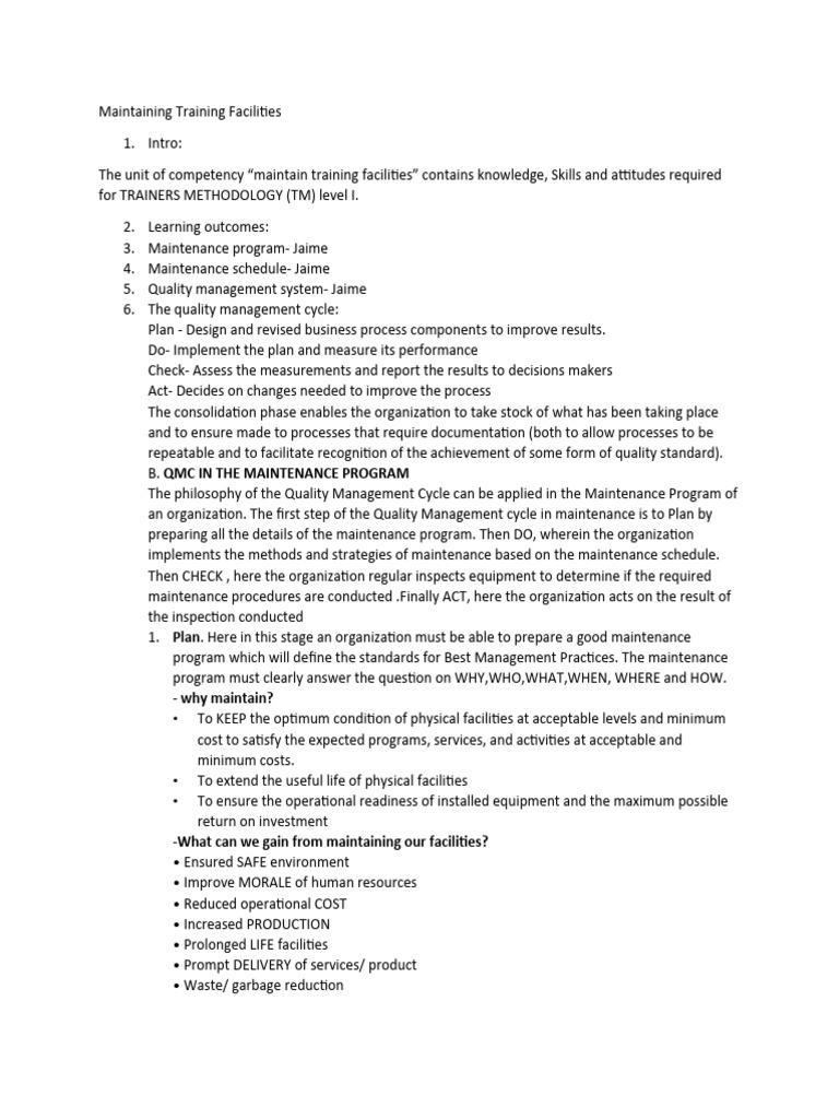 Maintaining Training Facilities Effectively Pdf Business