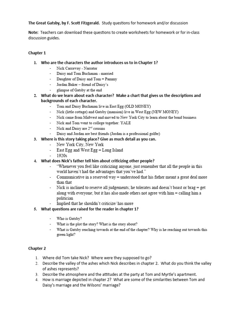 The Great Gatsby Study Questions | PDF | The Great Gatsby