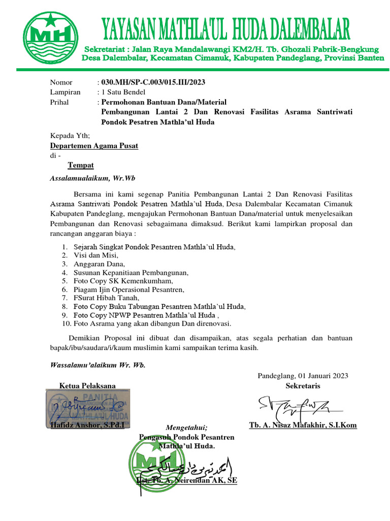 Proposal Permohonan Bantuan Dana Pembangunan Asrama Pp. Mathla'Ul Huda | PDF | Karier ...