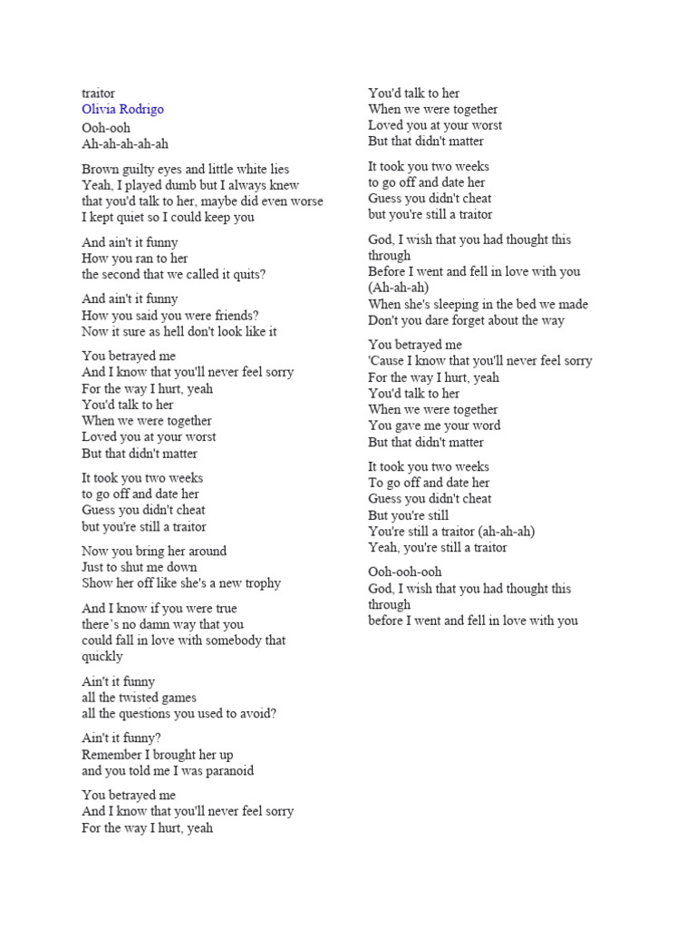 Olivia Rodrigo's "Traitor" Lyrics Analysis | PDF