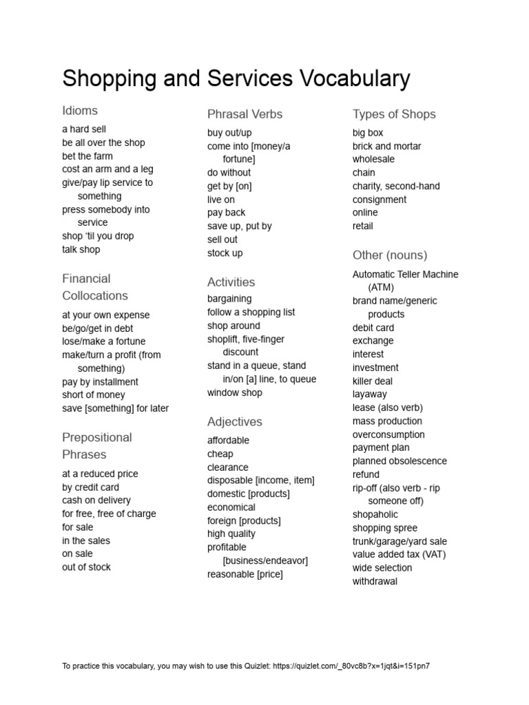 Shopping and Services Vocabulary Guide | PDF | Value Added Tax ...