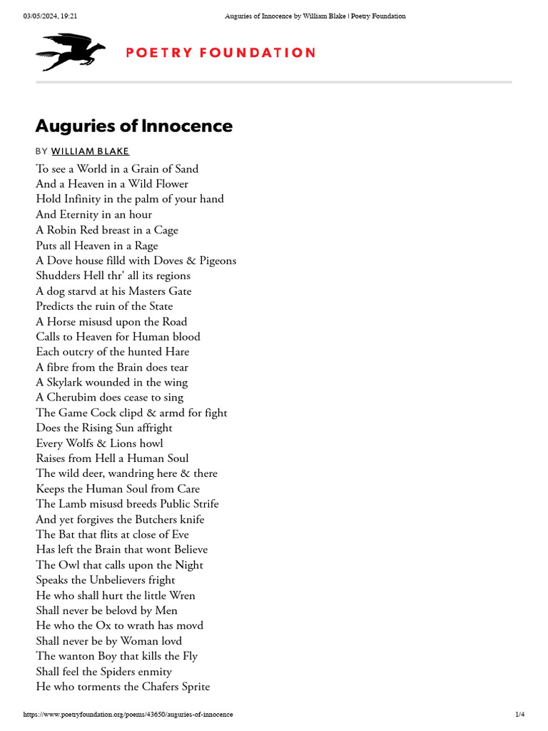 Auguries of Innocence by William Blake - Poetry Foundation | PDF | Poetry