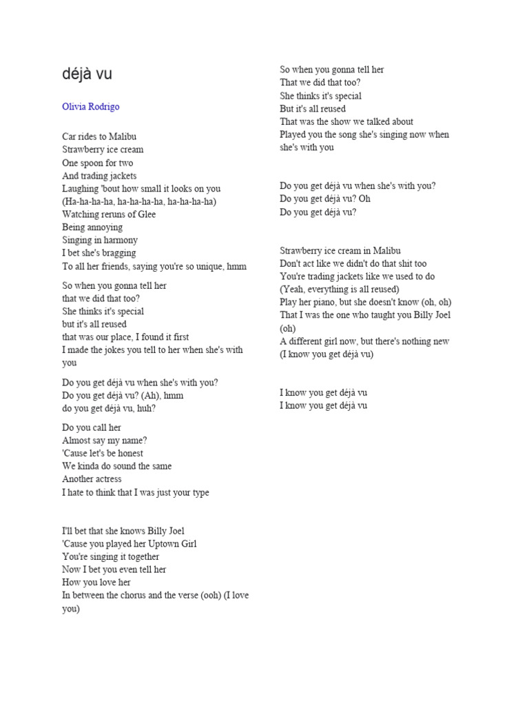 Olivia Rodrigo's "Déjà Vu" Lyrics Analysis | PDF