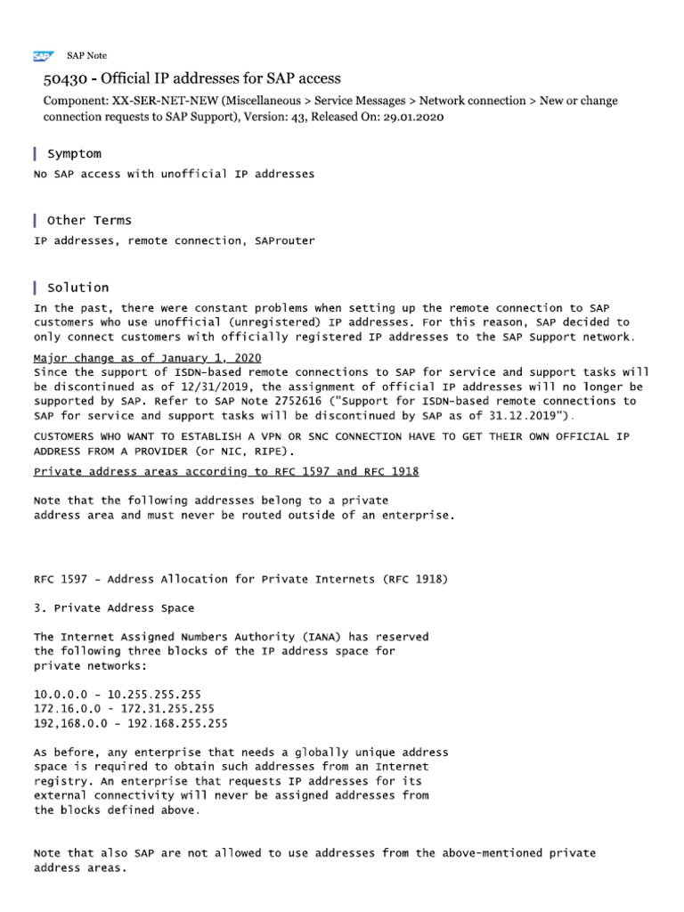 Official IP Addresses For SAP Access | PDF