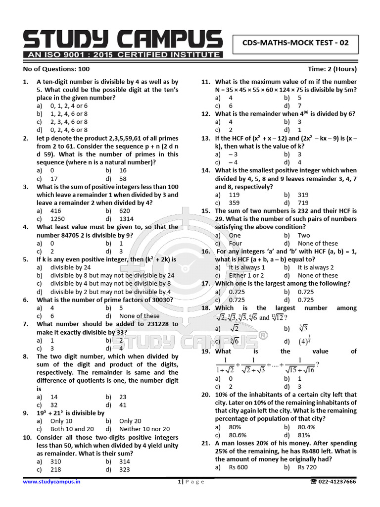 Maths Mock Pdf Area Circle