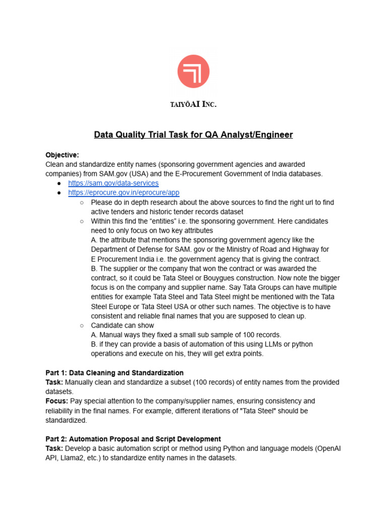 Taiyo Ai Data Quality Trial Task For Qa Analyst Engineer Pdf Python Programming