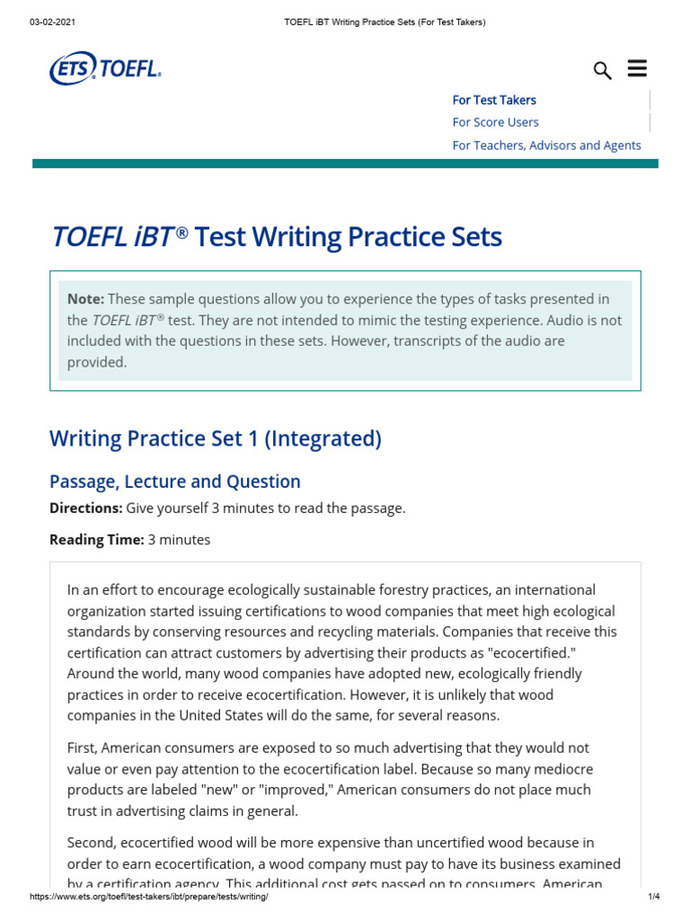 TOEFL iBT Writing Practice Sets (For Test Takers) | PDF | Test Of ...