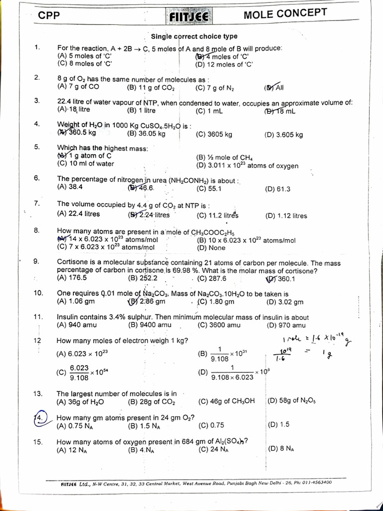 Mole Concept and Stoichiometry Quiz | PDF | Mole (Unit) | Molecules