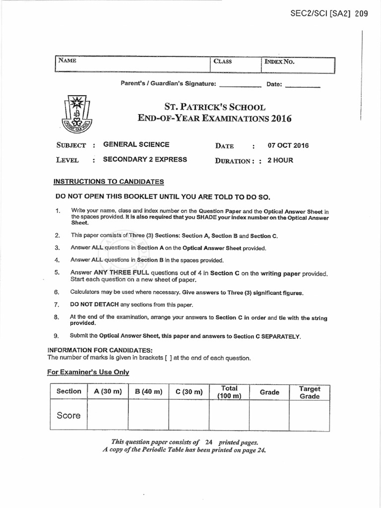 Secondary 2 Science Exam Paper 2016 | PDF