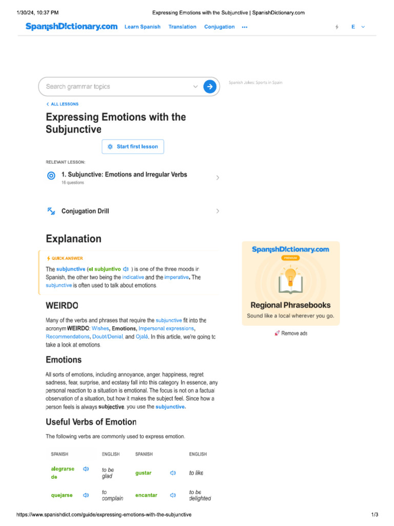 Expressing Emotions With The Subjunctive | PDF