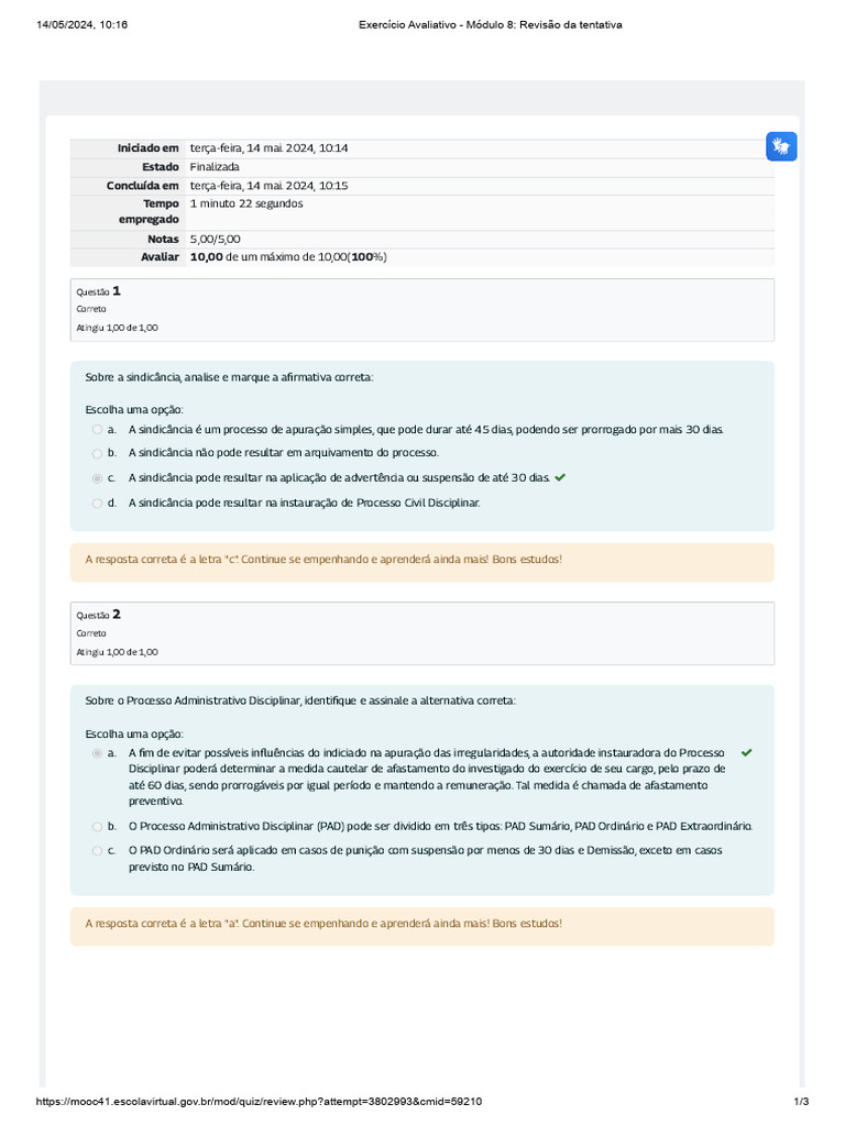 Exercício Avaliativo - Módulo 8 - Revisão Da Tentativa | PDF | Carreira e Crescimento