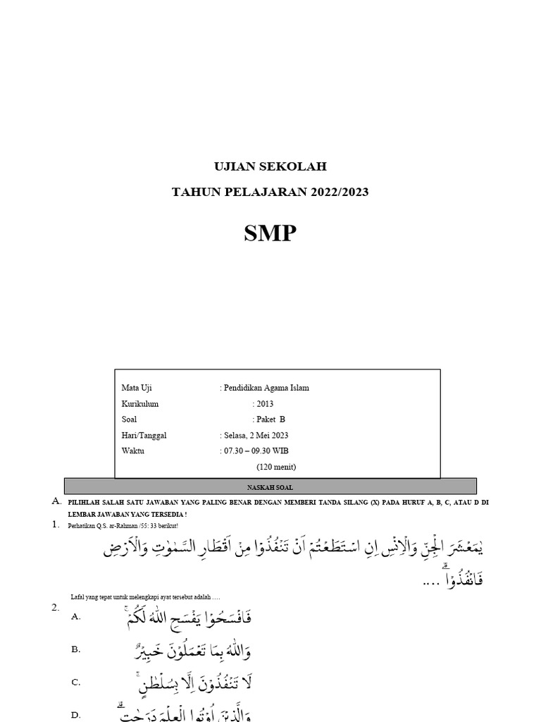 Soal Paket B Us Pai SMP TP.2022-2023 | PDF