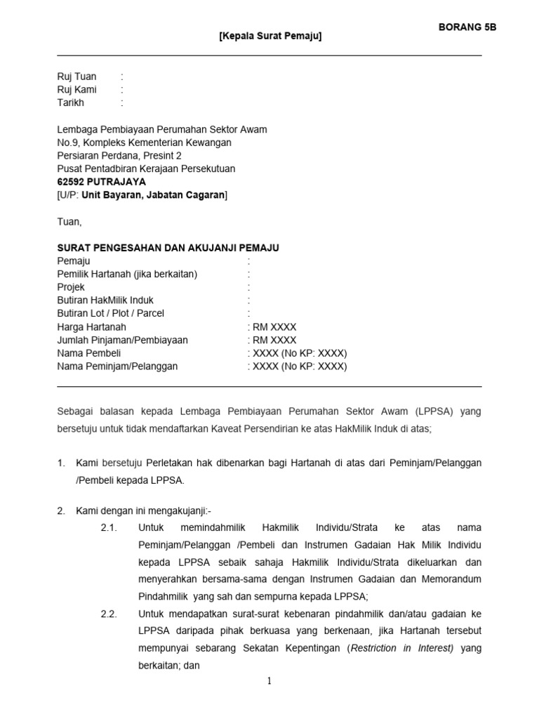 Borang 5B Akujanji Pemaju (Jenis 5 Assignment) (AkuJanji Pemaju - LPPSA 20231116v1) | PDF