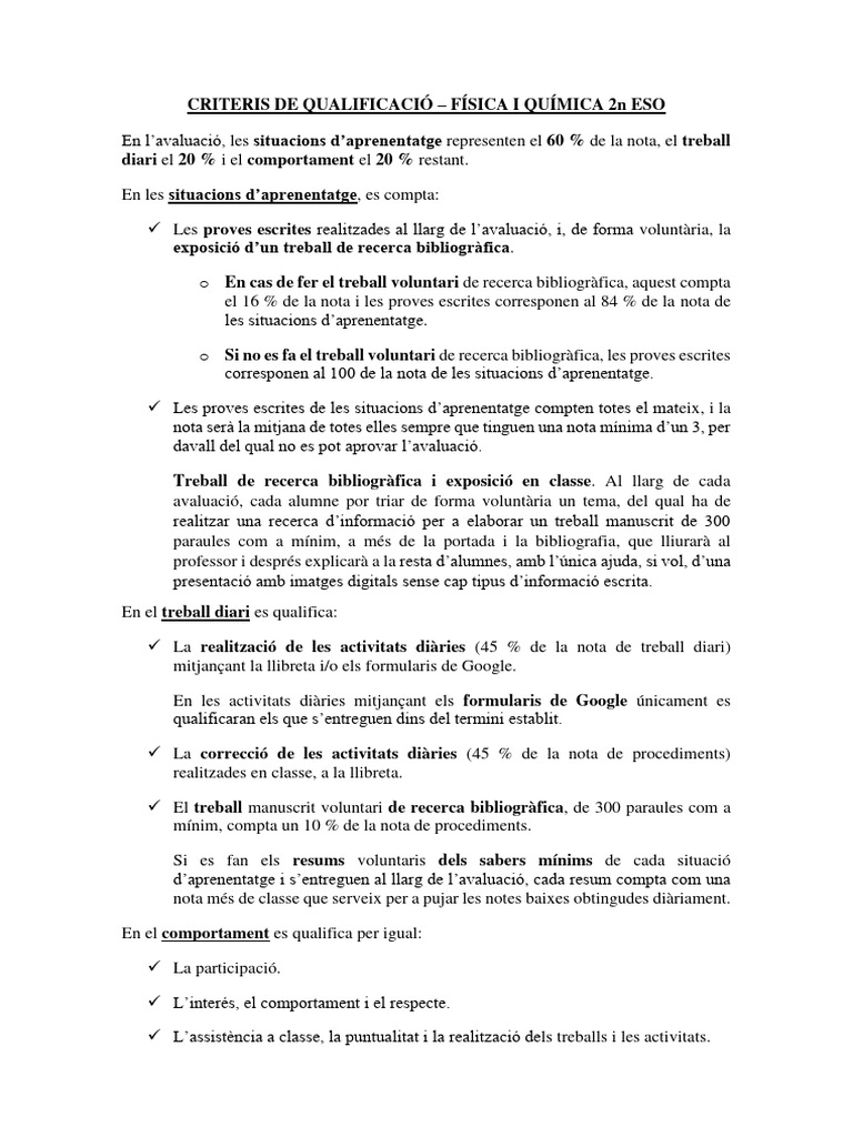 Criteris de Qualificació - Física 2n ESO | PDF