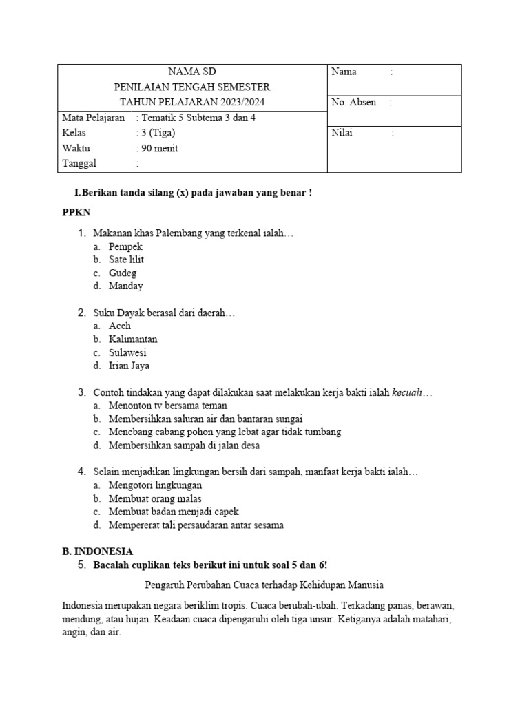 Soal PTS KELAS 3 Hari Ke 2 (Tema 5 Sub 3 4) Kelas 3 SMT 2 | PDF