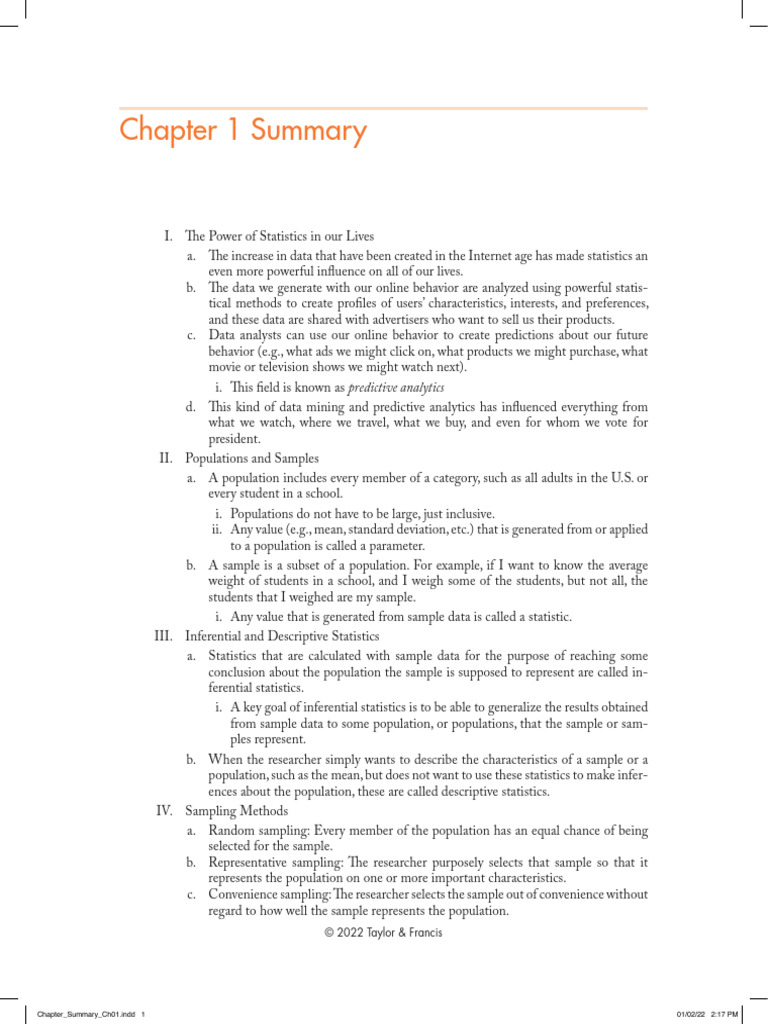 Chapter Summary Ch01 | PDF | Statistics | Sampling (Statistics)