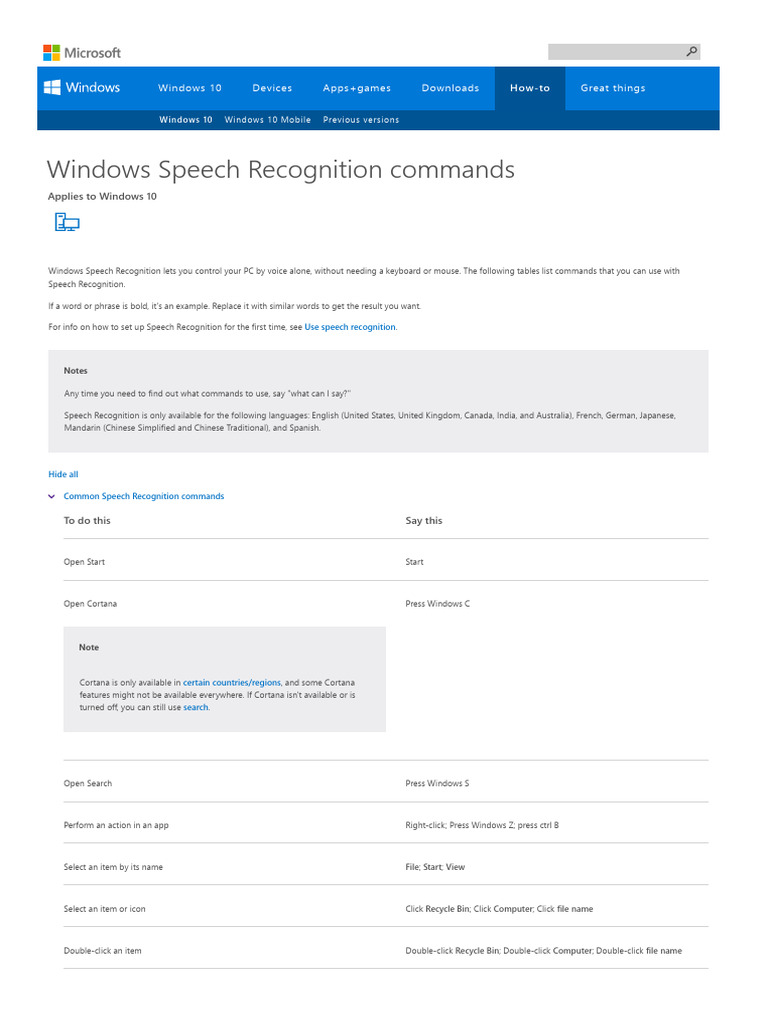 Windows Speech Recognition Commands - Windows Help | Download Free PDF | Computer Keyboard ...