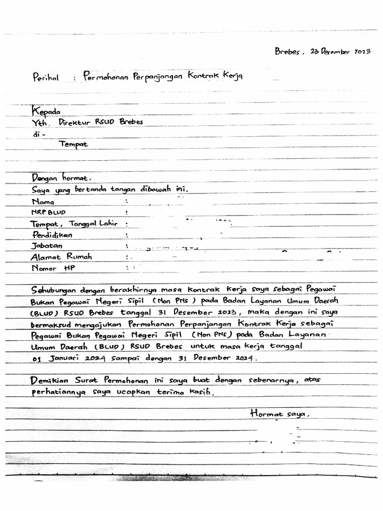 Contoh Surat Permohonan Perpanjangan Kontrak Tenaga BLUD RSUD Brebes TH 2024 | PDF