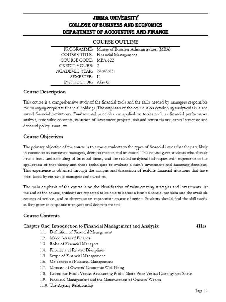 Financial Management-MBA 622 Course Outline (MBA) March 2021 | PDF ...