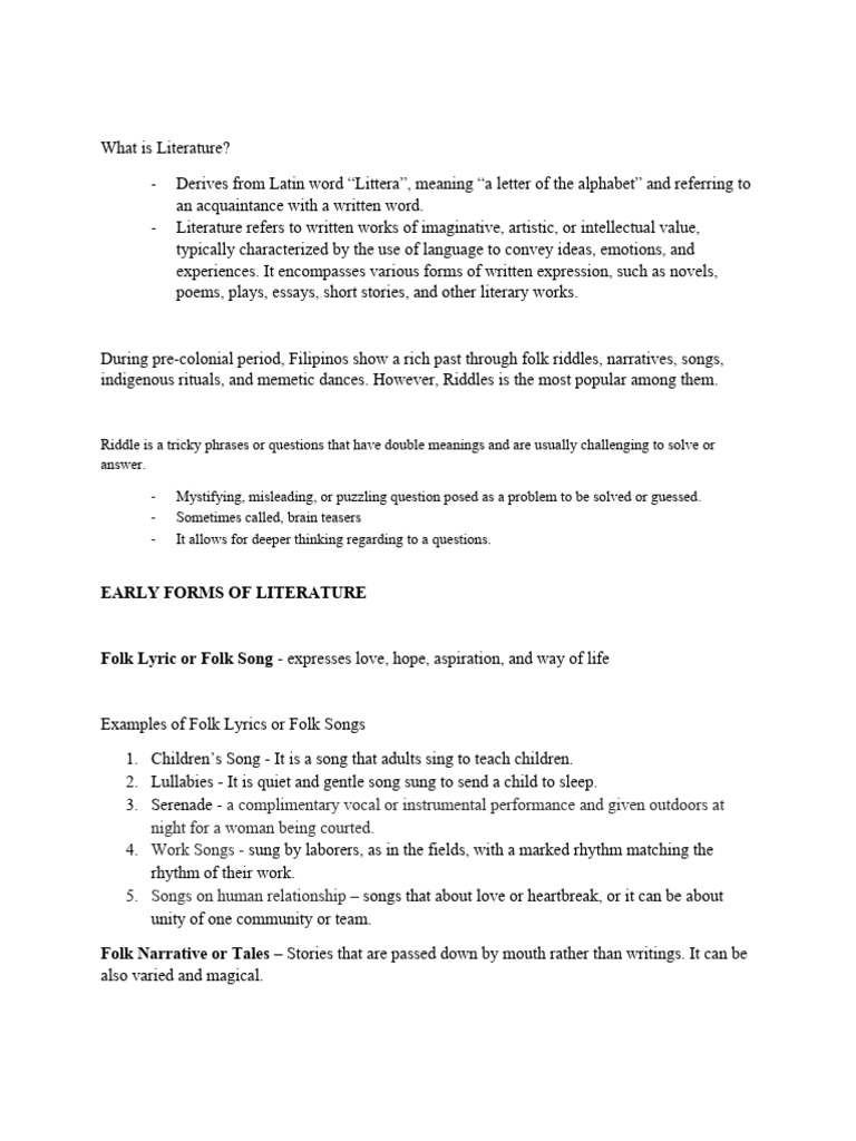 Literature Handout | PDF | Narrative | Folklore