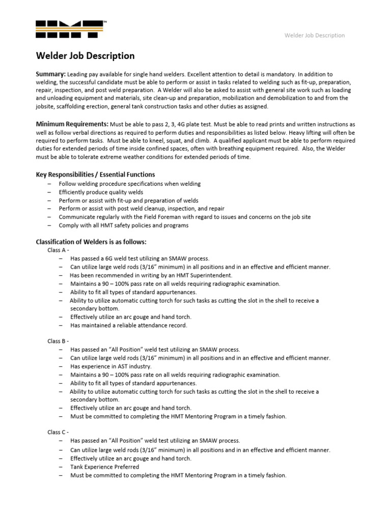 Welder Job Description and Responsibilities | PDF | Welding | Construction