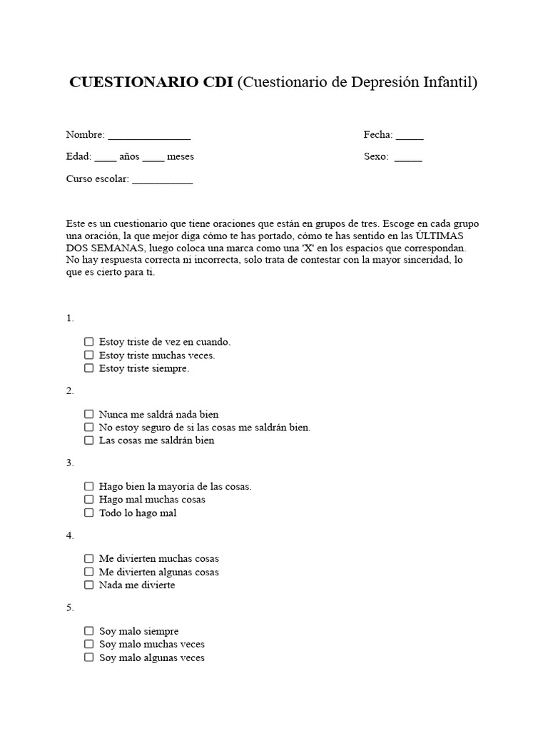 CDI (Cuestionario de Depresión Infantil) | PDF | Relaciones personales ...