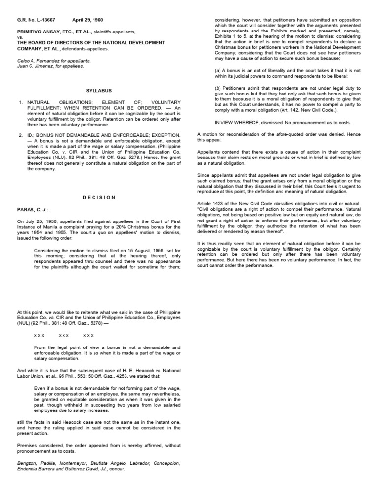 Natural Obligations and Bonus Claims | PDF | Appeal | Complaint
