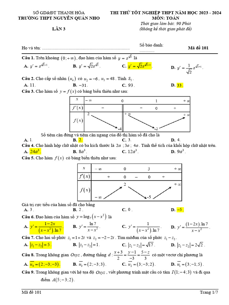 De Thi Thu Toan TN THPT 2024 Lan 3 Truong THPT Nguyen Quan Nho Thanh Hoa | PDF