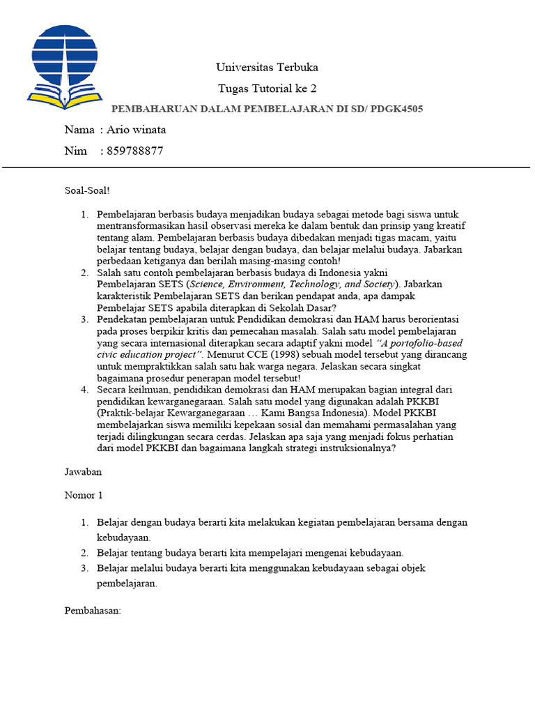859788877-Tugas-2-PDGK-4505-pembaharuan-dalam-pembelajaran-di-SD-Ario Winata | PDF | Karier ...