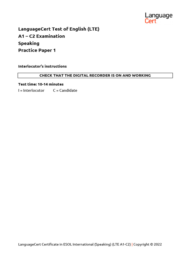 LTE A1-C2 Speaking_Practice Paper 1 | PDF