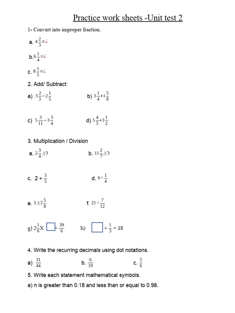 Practice Work Sheets-UT2 | PDF | Mathematics | Arithmetic