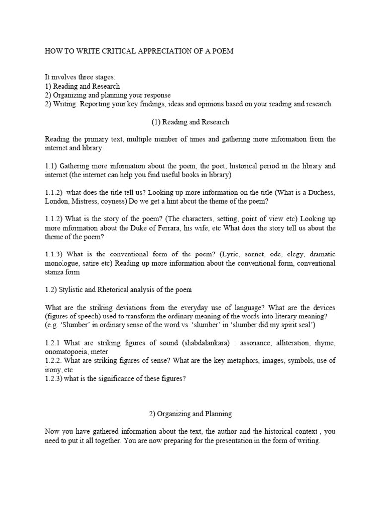 How To Write Critical Appreciation of Poems | PDF | Poetry