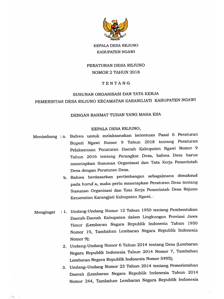Peraturan Desa Rejuno Nomor 2 Tahun 2018 Tentang Susunan Organisasi Dan ...