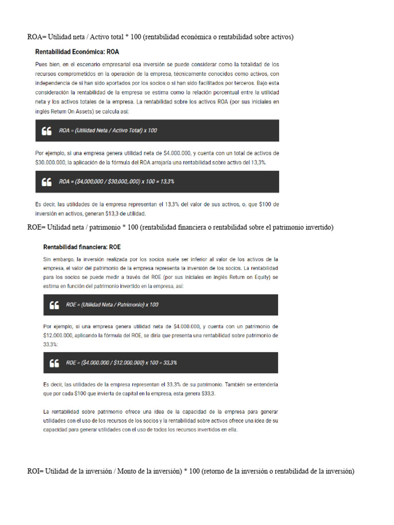 Fórmulas de ROA, ROE y ROI | PDF