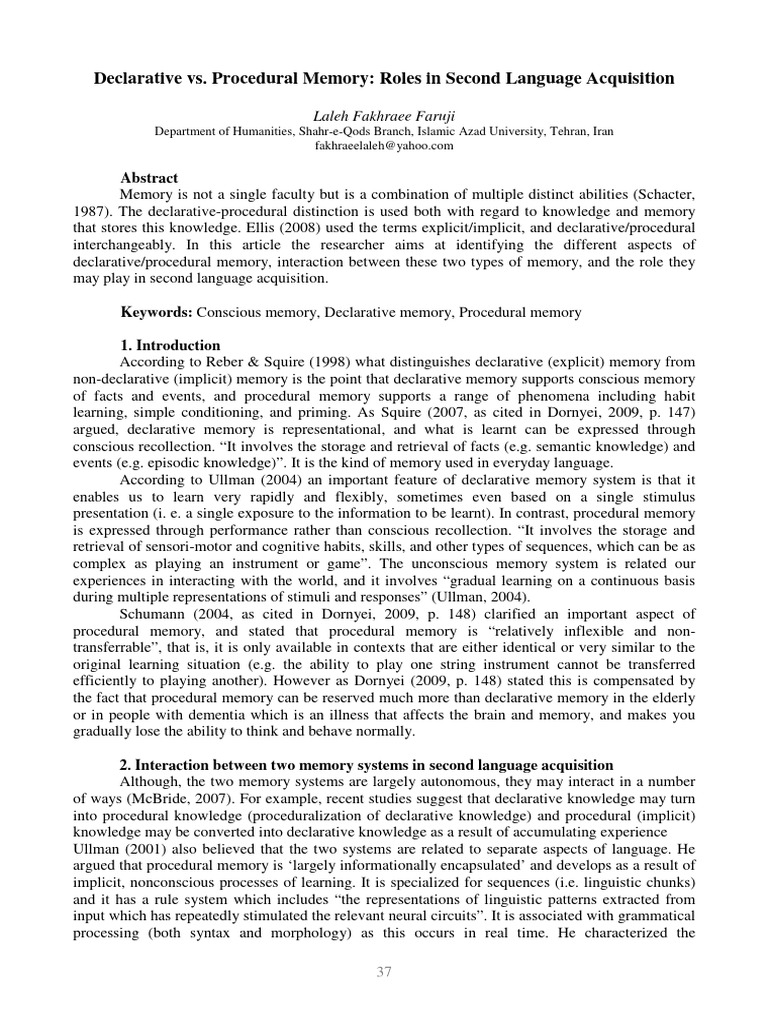 Declarative Vs Procedural Memory Roles in Second L | PDF | Artificial ...