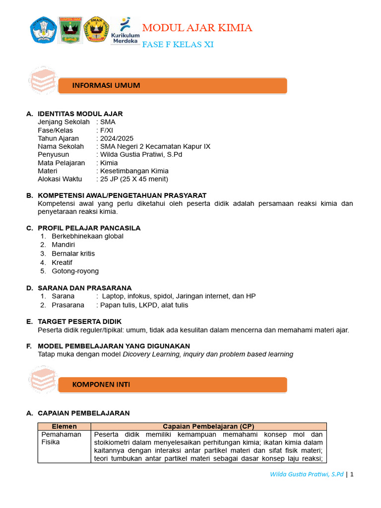 Modul Ajar Kimia Fase F Semeseter 2 Kesetimbangan Kimia Pdf
