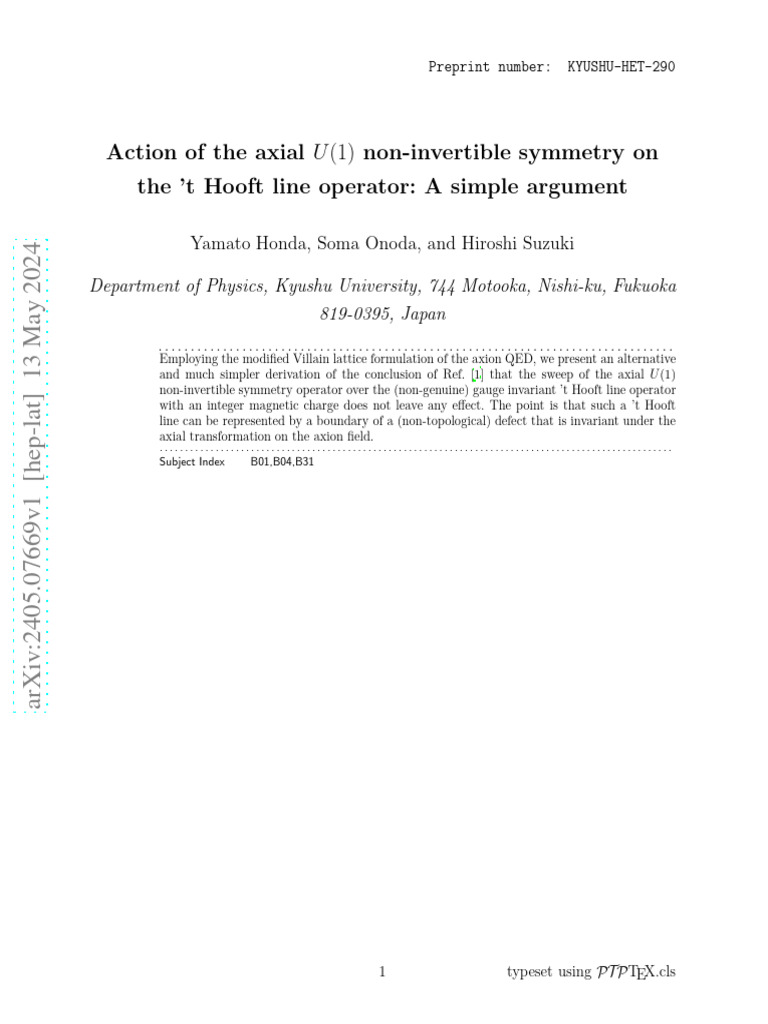 Action of The Axial U (1) Non-Invertible Symmetry On The 'T Hooft Line ...