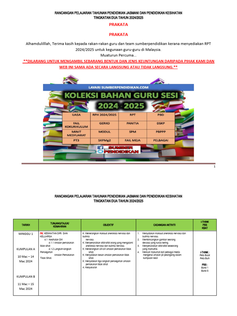RPT 2024 Pendidikan Jasmani Kesihatan Tingkatan 2 KSSM Sumberpendidikan | PDF