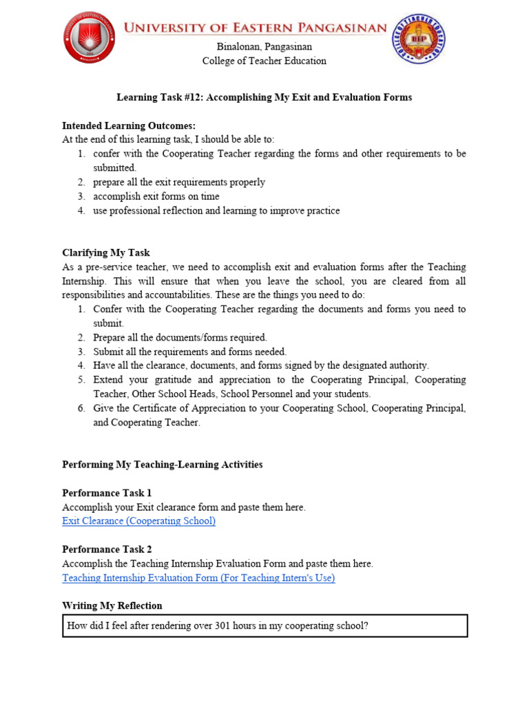 Exit and Evaluation Forms for Interns | PDF | Teachers | Internship