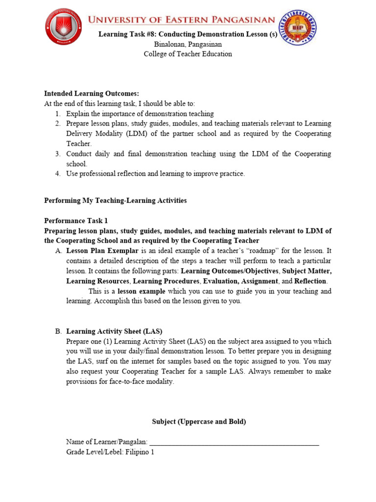 TOGUPEN JEREMY R. - Learning Task #8 - Conducting Demonstration Lesson (S) | PDF | Lesson Plan ...