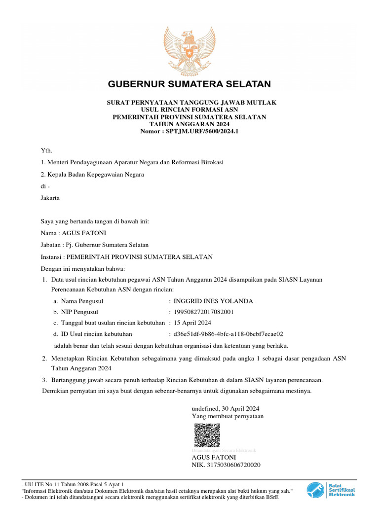 Usulan Formasi ASN Sumsel 2024 | PDF