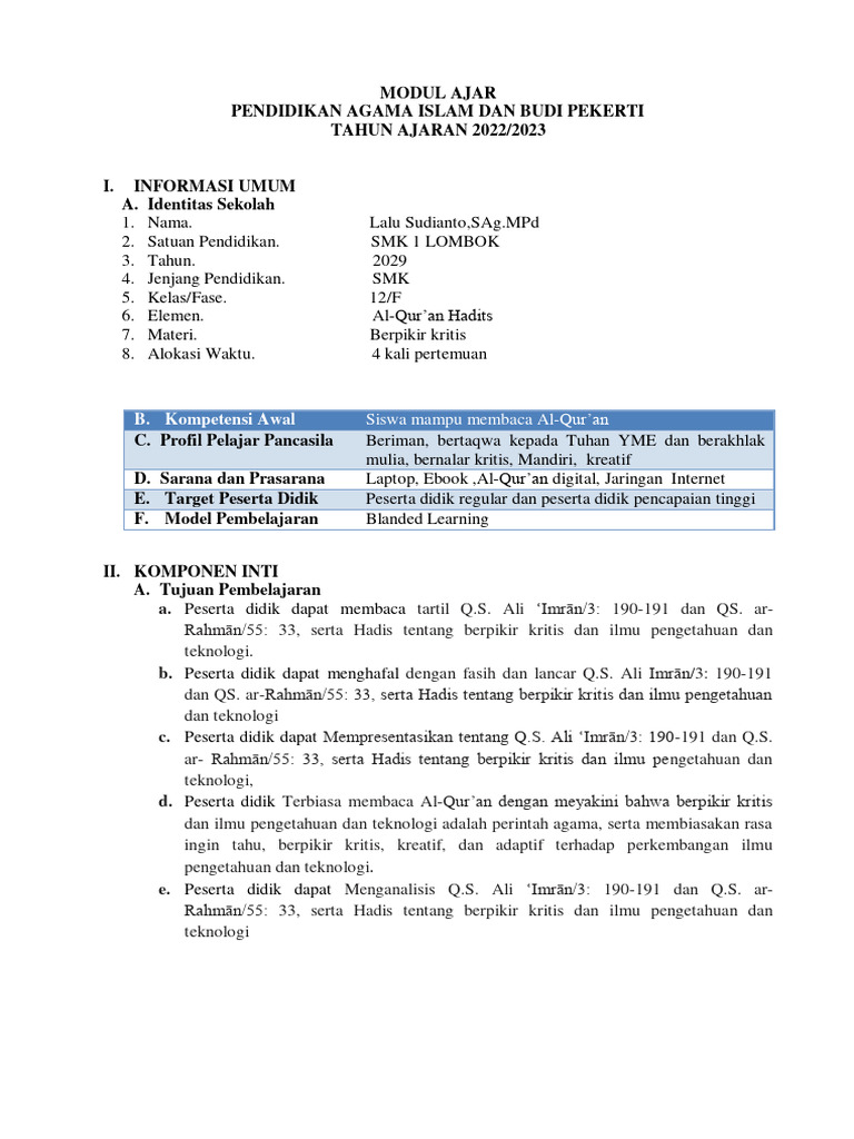 Modul Ajar Ppai Kelas 12 Bab 3 Lalu Sudianto 210101181 | PDF
